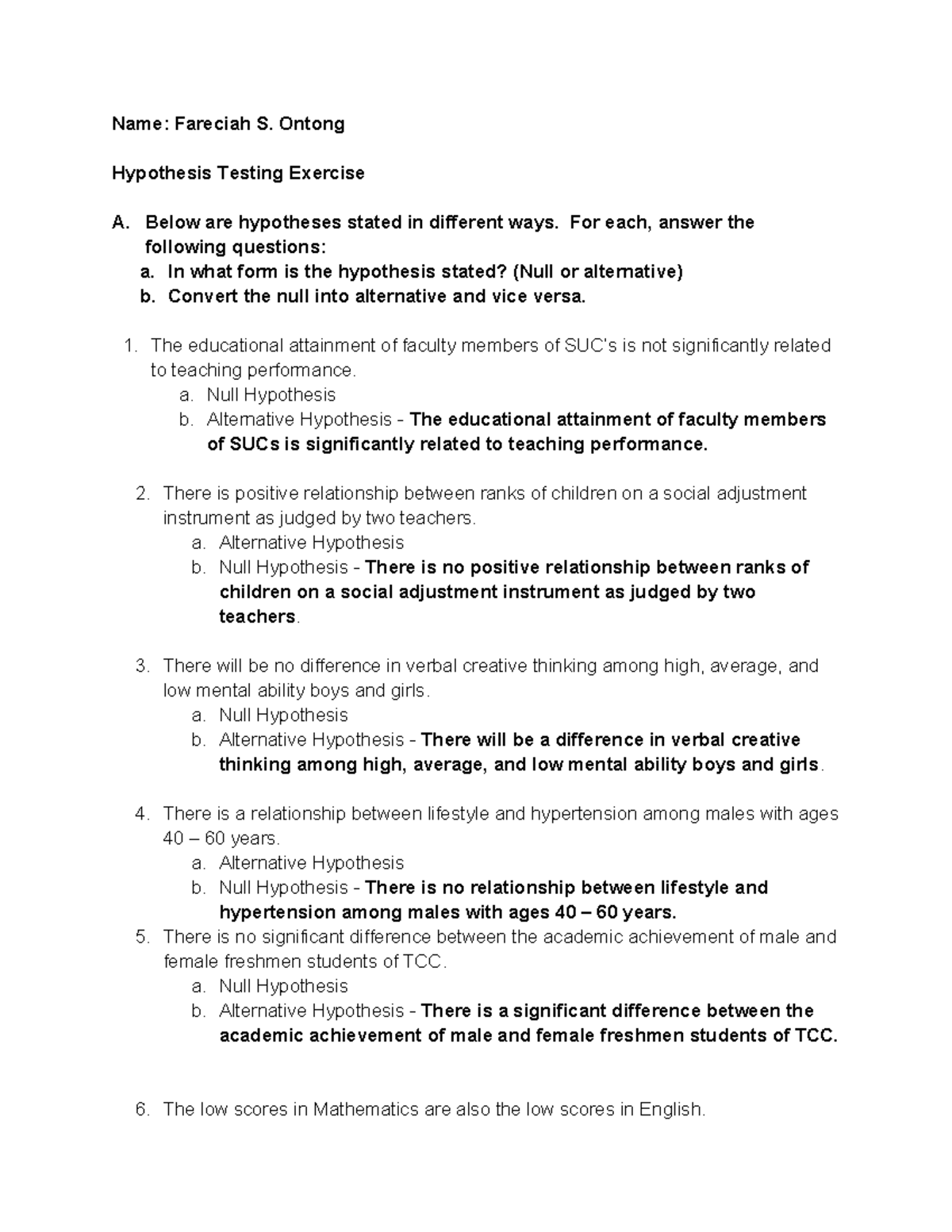 Hypothesis Testing Exercise A: Null and Alternative Hypotheses Analysis ...