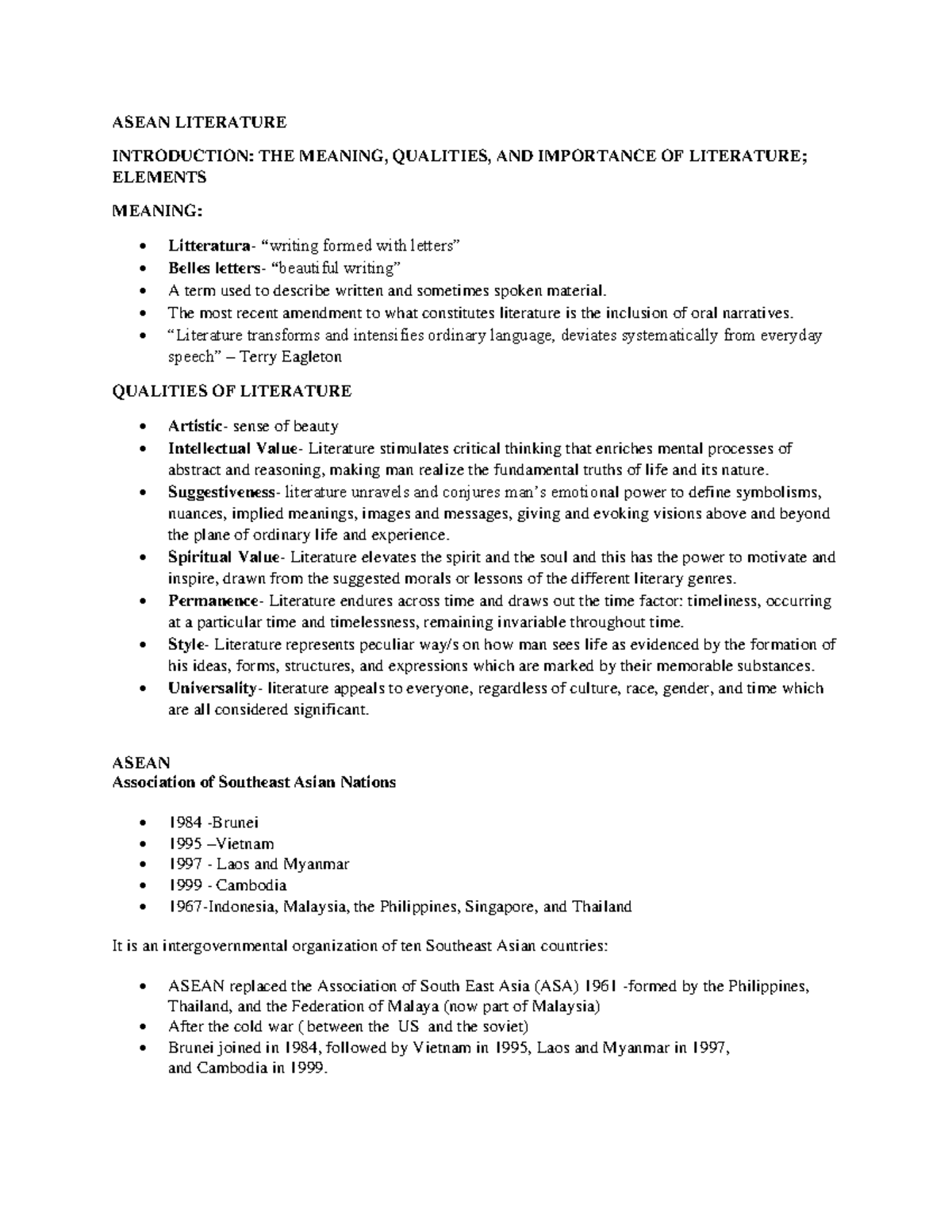 ASEAN Literature: Meaning, Qualities, and Elements Explained - Studocu