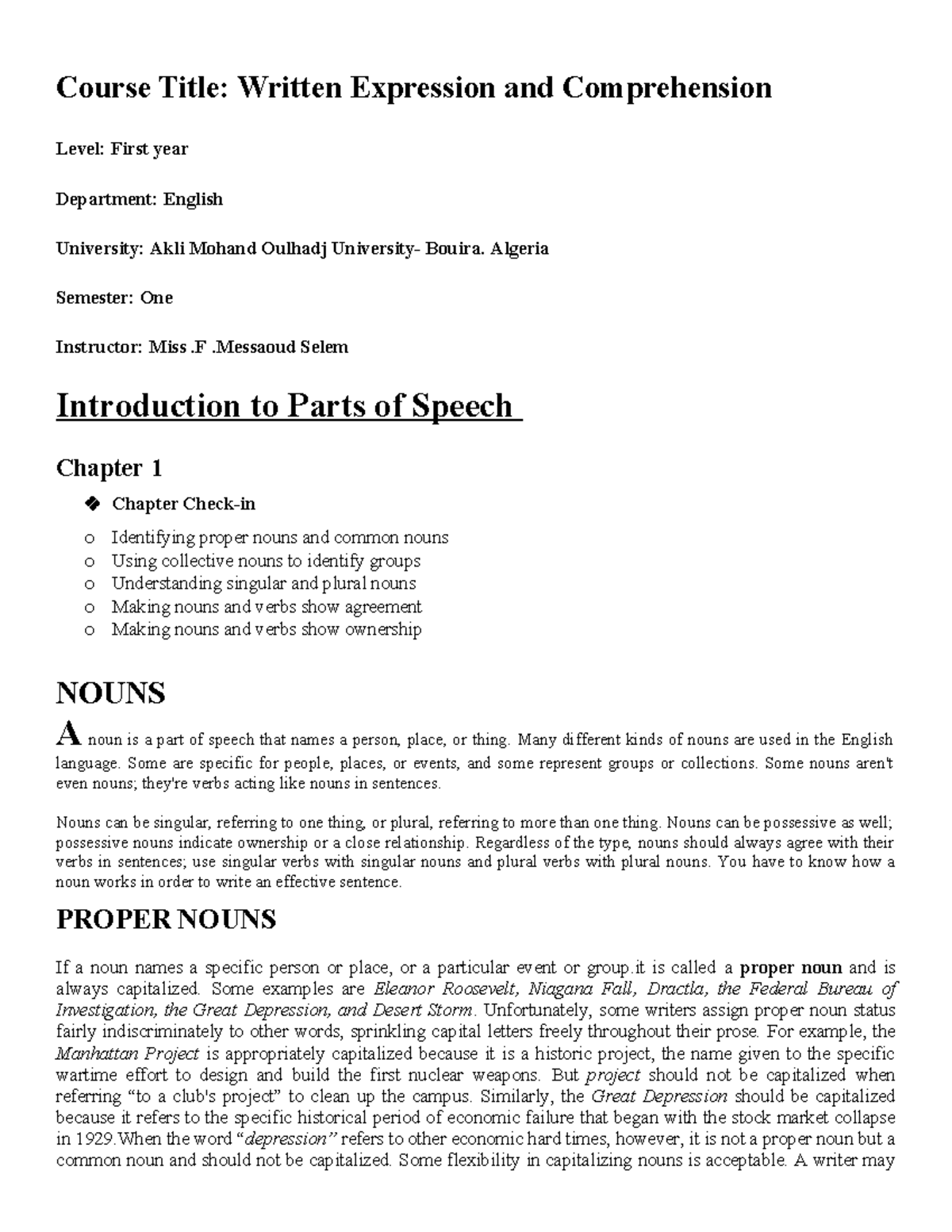 Parts of Speech 1: Nouns and Their Functions - ENG101 - Studocu