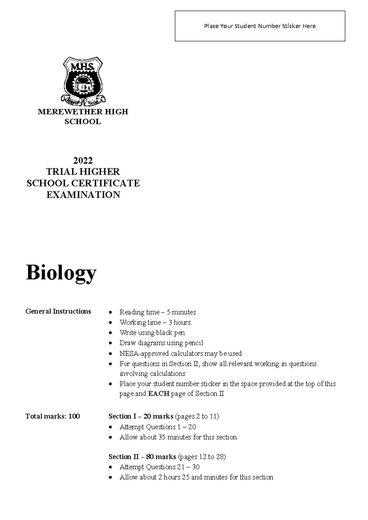 2022 Biology HSC Trial Exam - MEREWETHER HIGH SCHOOL - Studocu