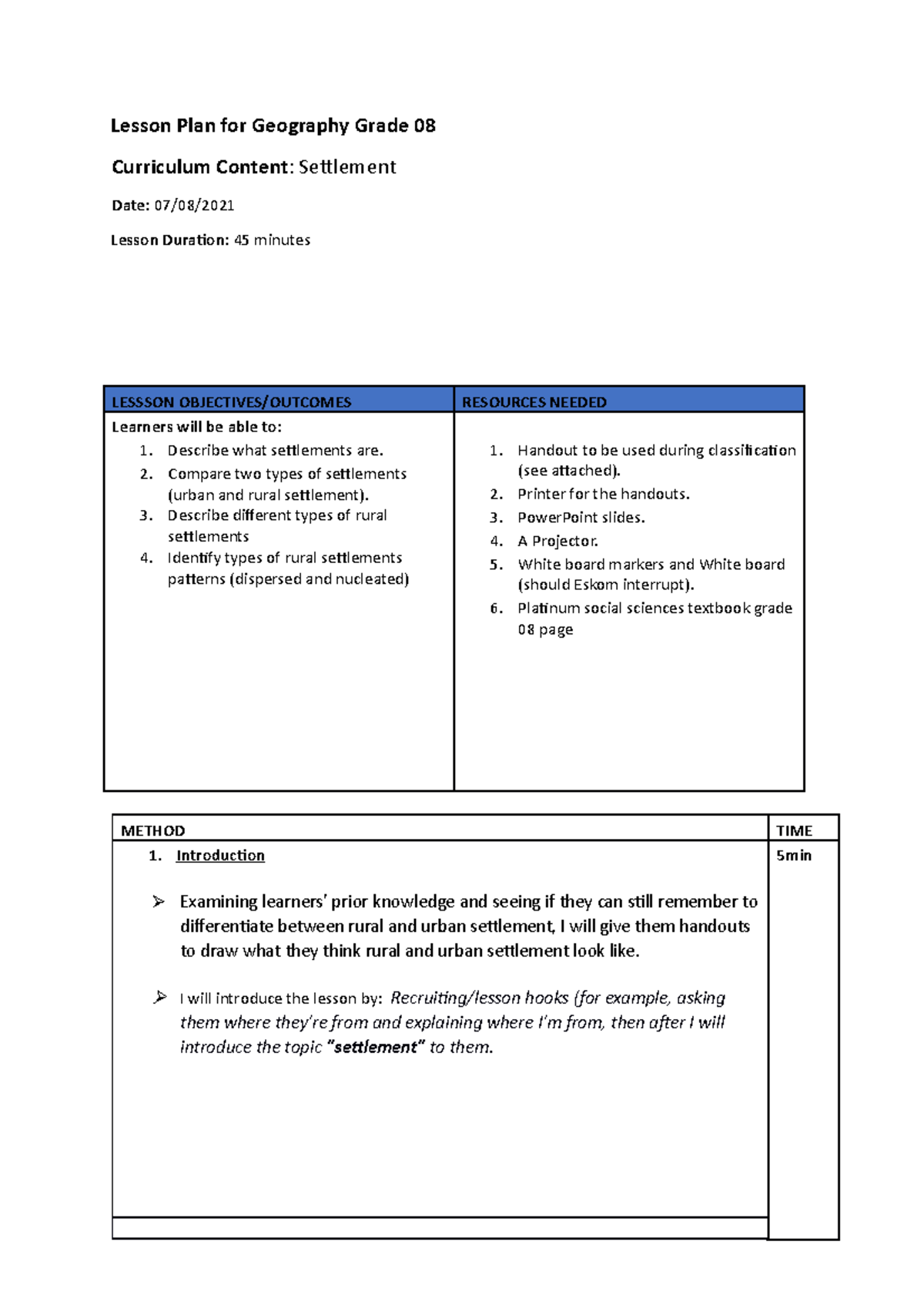 Geography Grade 08 - Final Lesson Plan on Settlements - Studocu