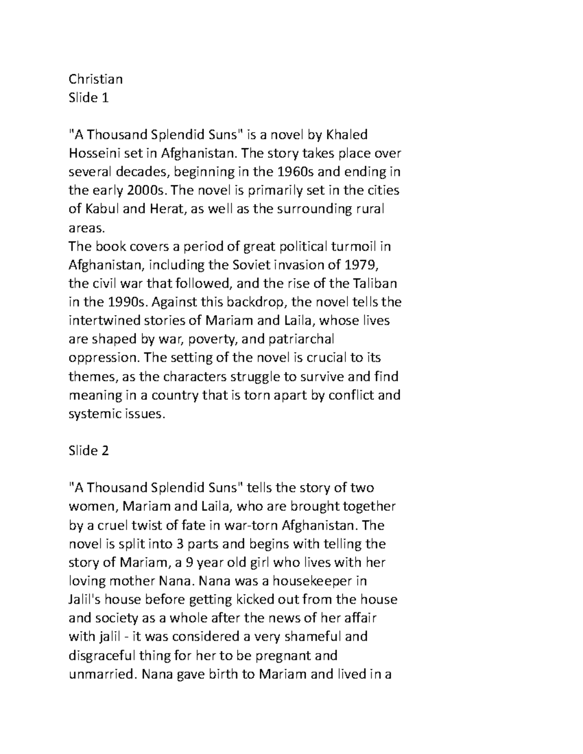 Script - sdfssfddsf - Christian Slide 1 "A Thousand Splendid Suns" is a ...