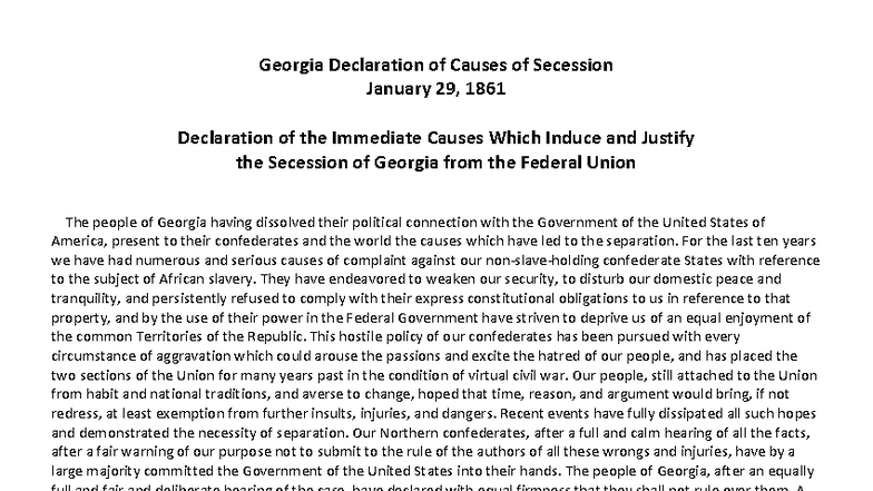 Georgia Declaration of Causes of Secession - January 29, 1861 - Studocu