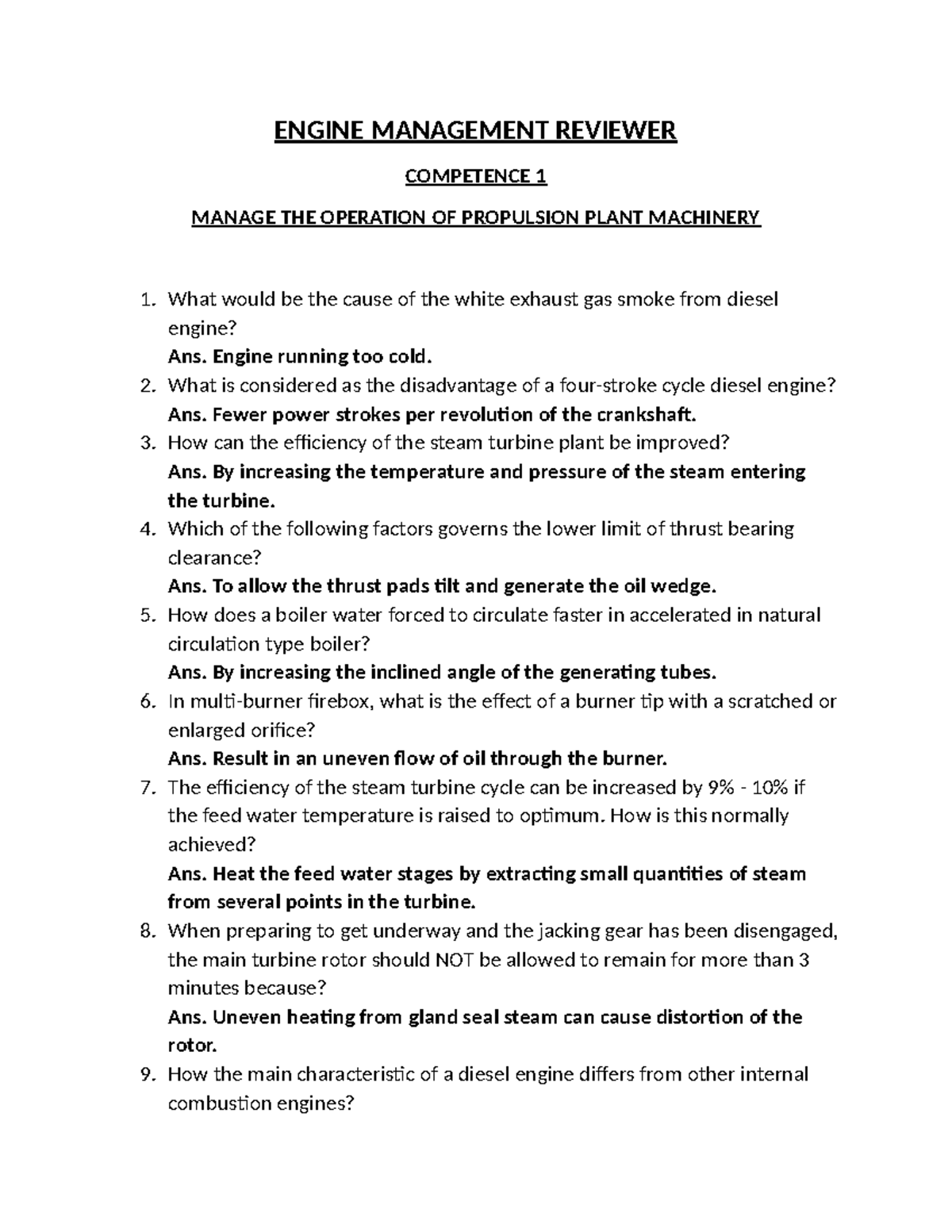 ENGINE MANAGEMENT REVIEWER FOR COMPETENCE 01: PROPULSION PLANT ...