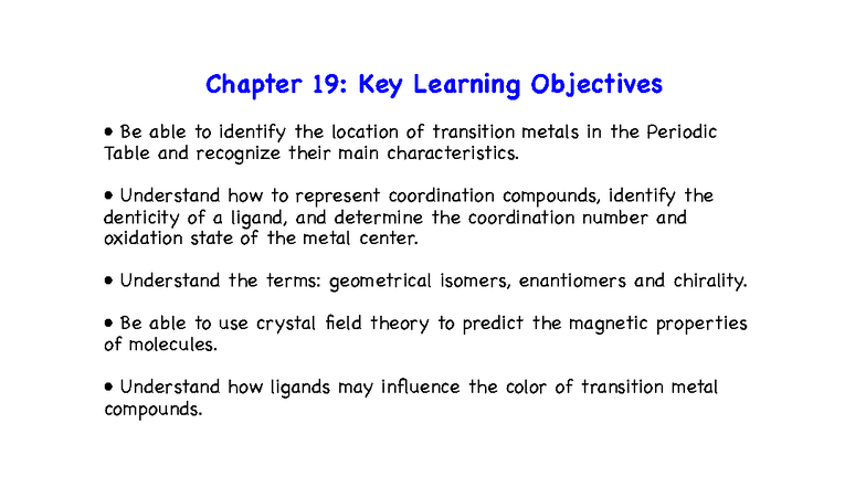 Lecture 21: Transition Metals and Coordination Chemistry Overview - Studocu