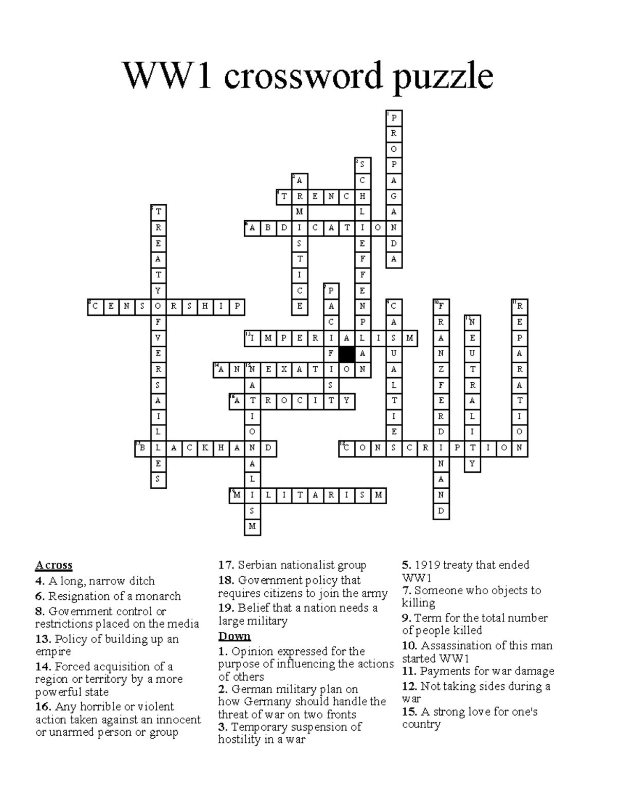 WW1 Crossword Puzzle Answer Key for Students - Studocu