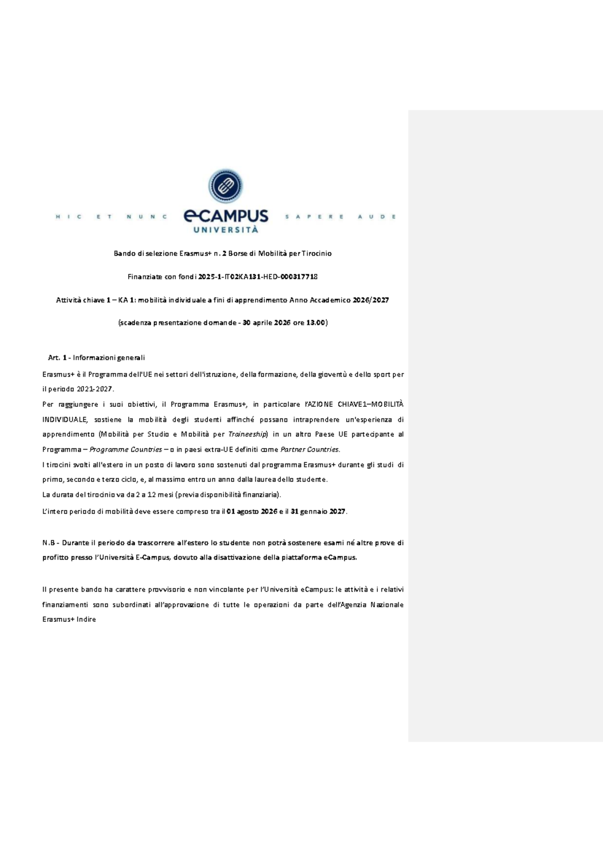 Bando Mobilità Tirocinio E-Campus 2026-2027: Informazioni e Requisiti ...