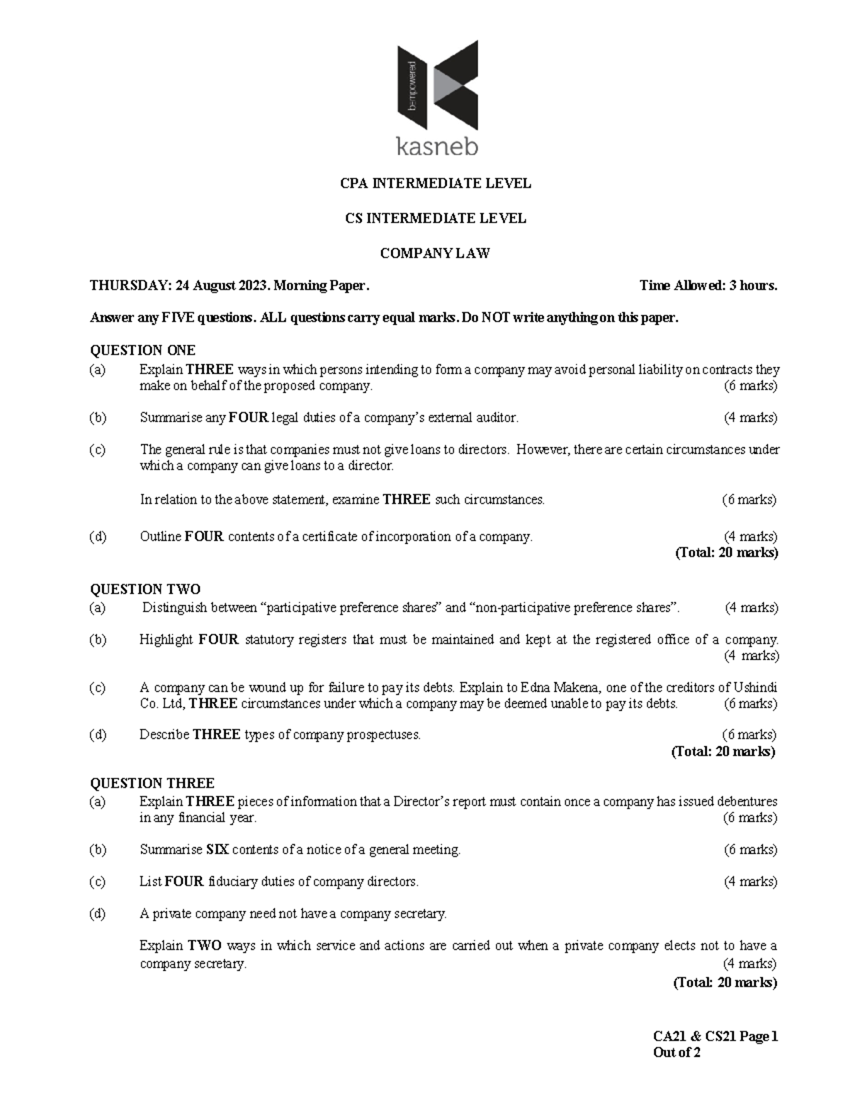 CPA Intermediate Level CS Intermediate Level Company Law Exam - August ...