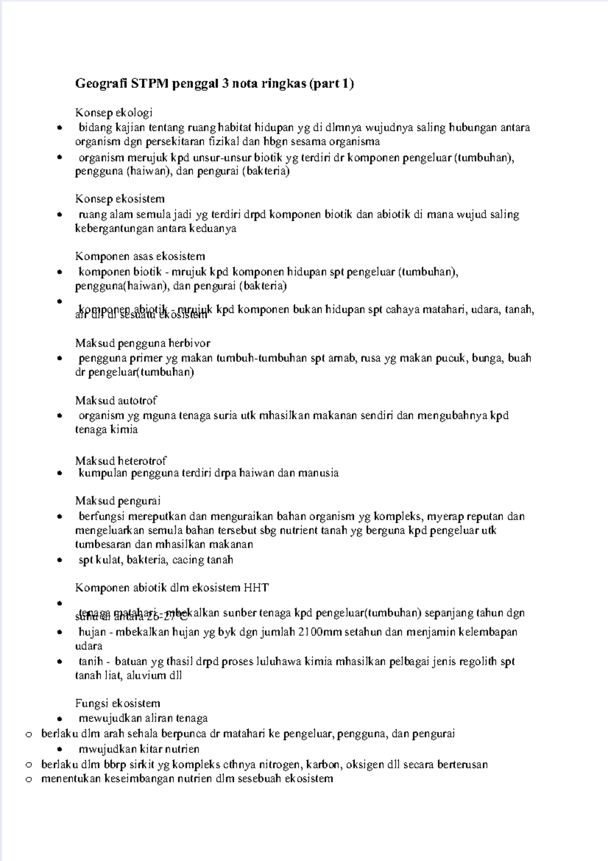 Nota Ringkas GEO P3 - Geo - Geografi STPM penggal 3 nota ringkas (part 1) Konsep ekologi bidang ...