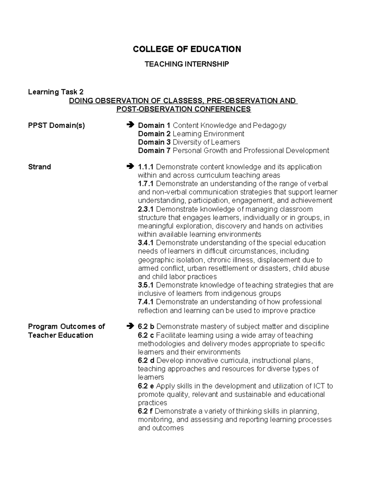 Teaching Internship Lecture Notes: Observation & Reflection Tasks - Studocu