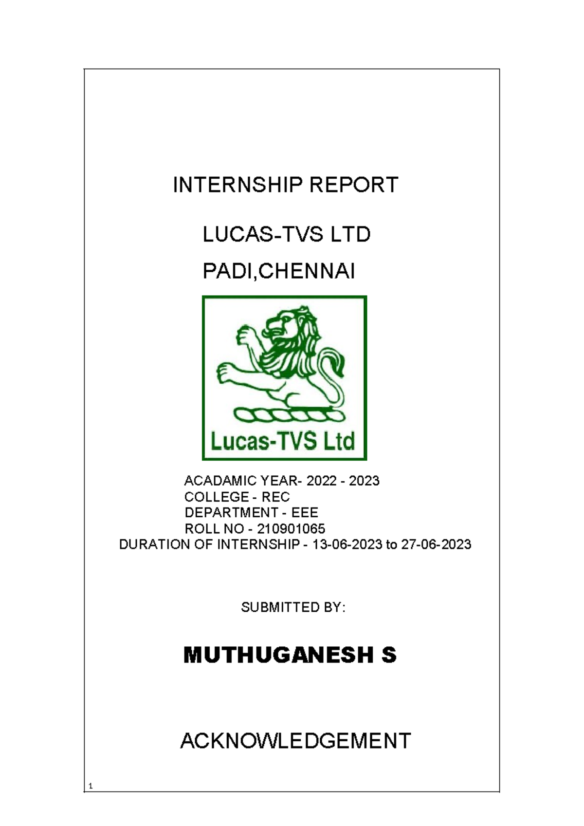 EEE Internship Report at LUCAS TVS - 2022-2023 - Studocu