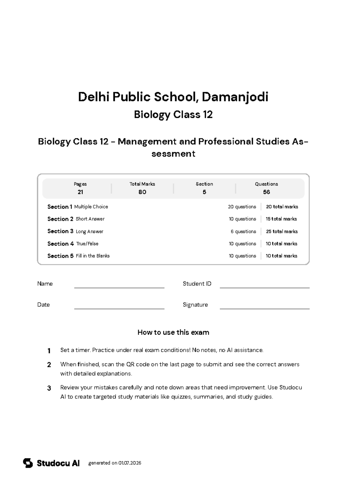 Biology Class 12 - Management Assessment - Studocu