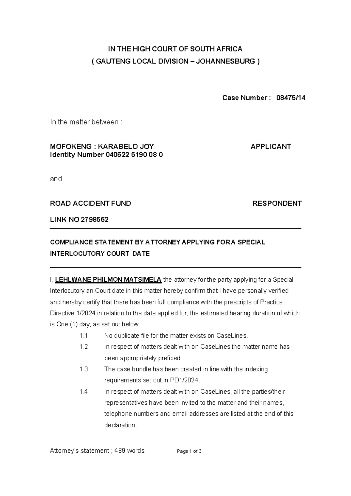 Attorney's Statement for Compliance: MOF10001 Interlocutory Hearing ...