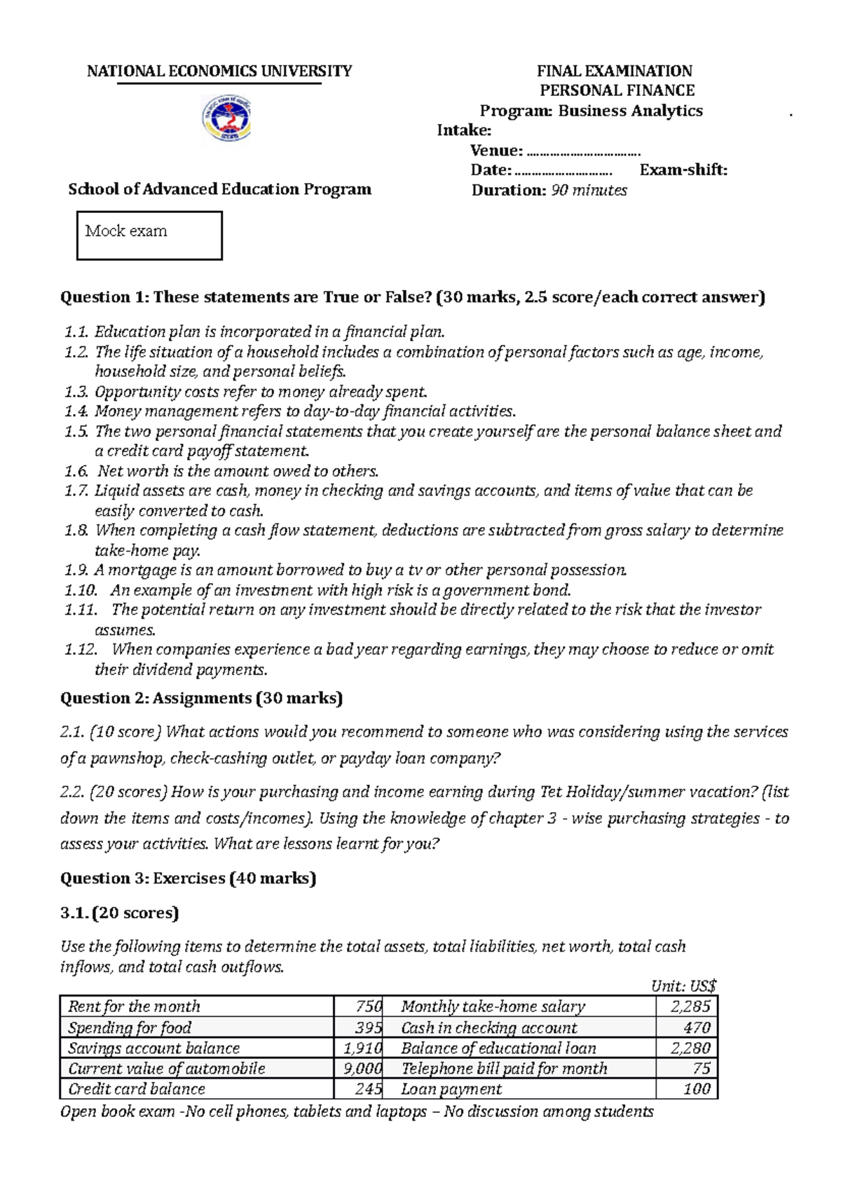 Final Exam: Personal Finance (Course Code: BA101) - Studocu