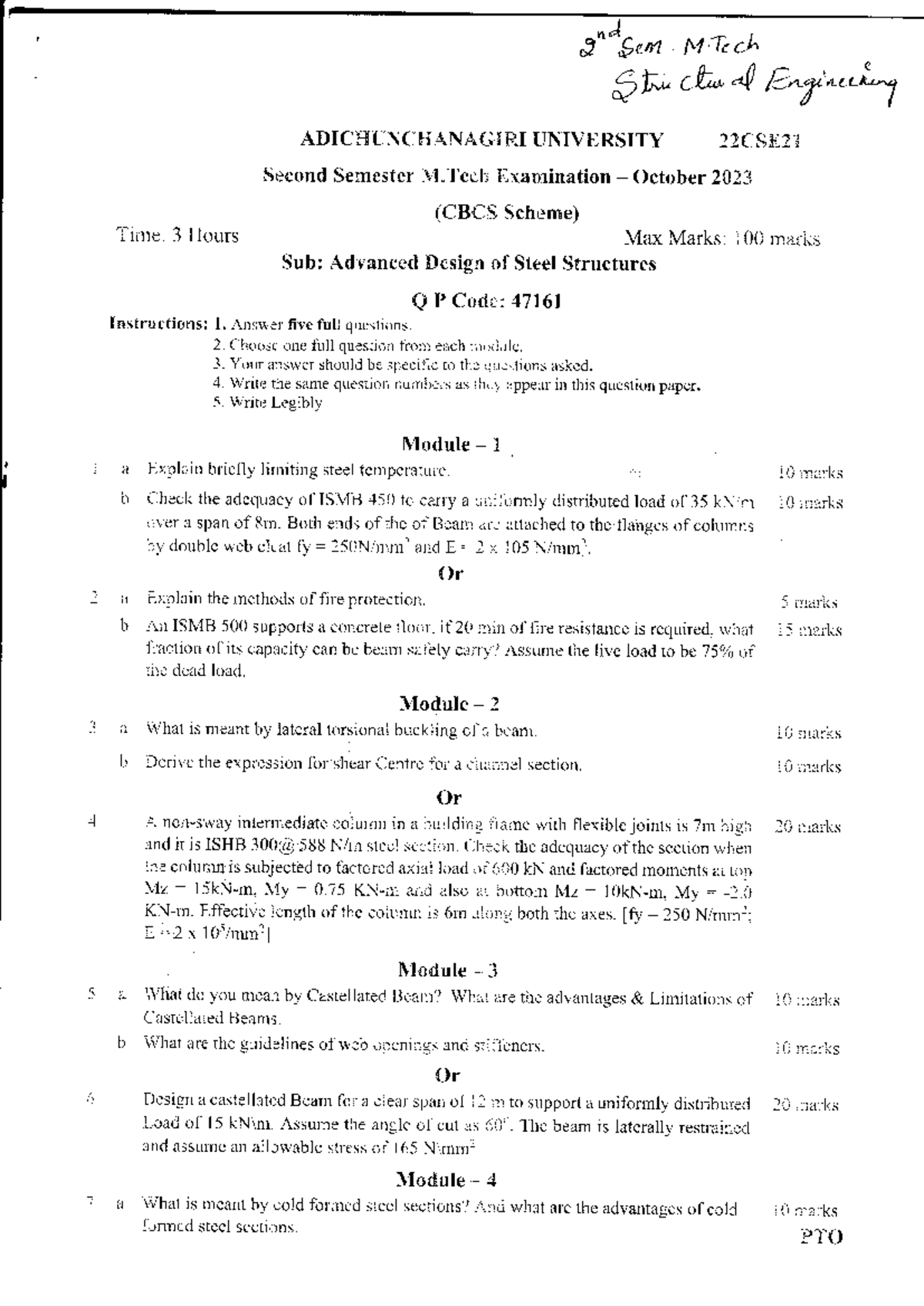 22CSE21 2nd Sem Advanced Design of Steel Structures Exam Paper - Studocu