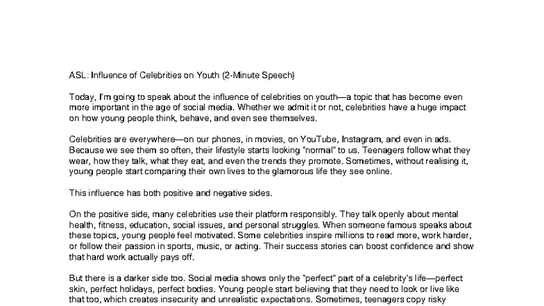 Influence of Celebrities on Youth ASL - ASL: Influence of Celebrities ...