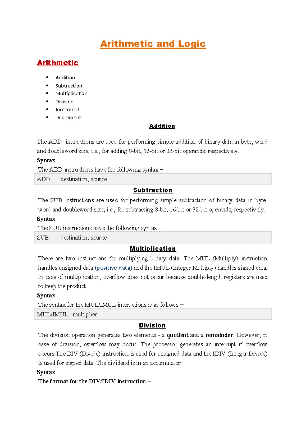 5-Arithmetic and Logic: Operations and Instructions Overview - Studocu