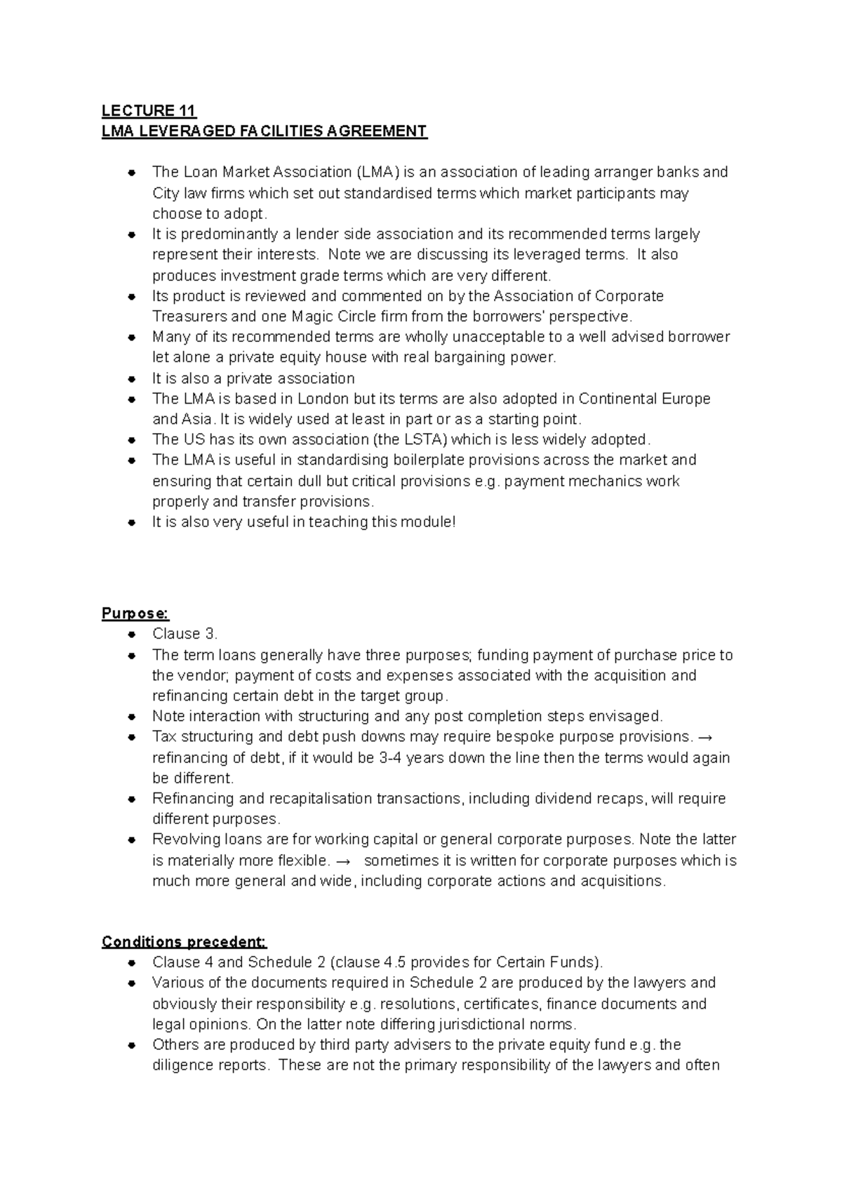 Lecture 11: Overview of LMA Leveraged Facilities Agreement - Studocu