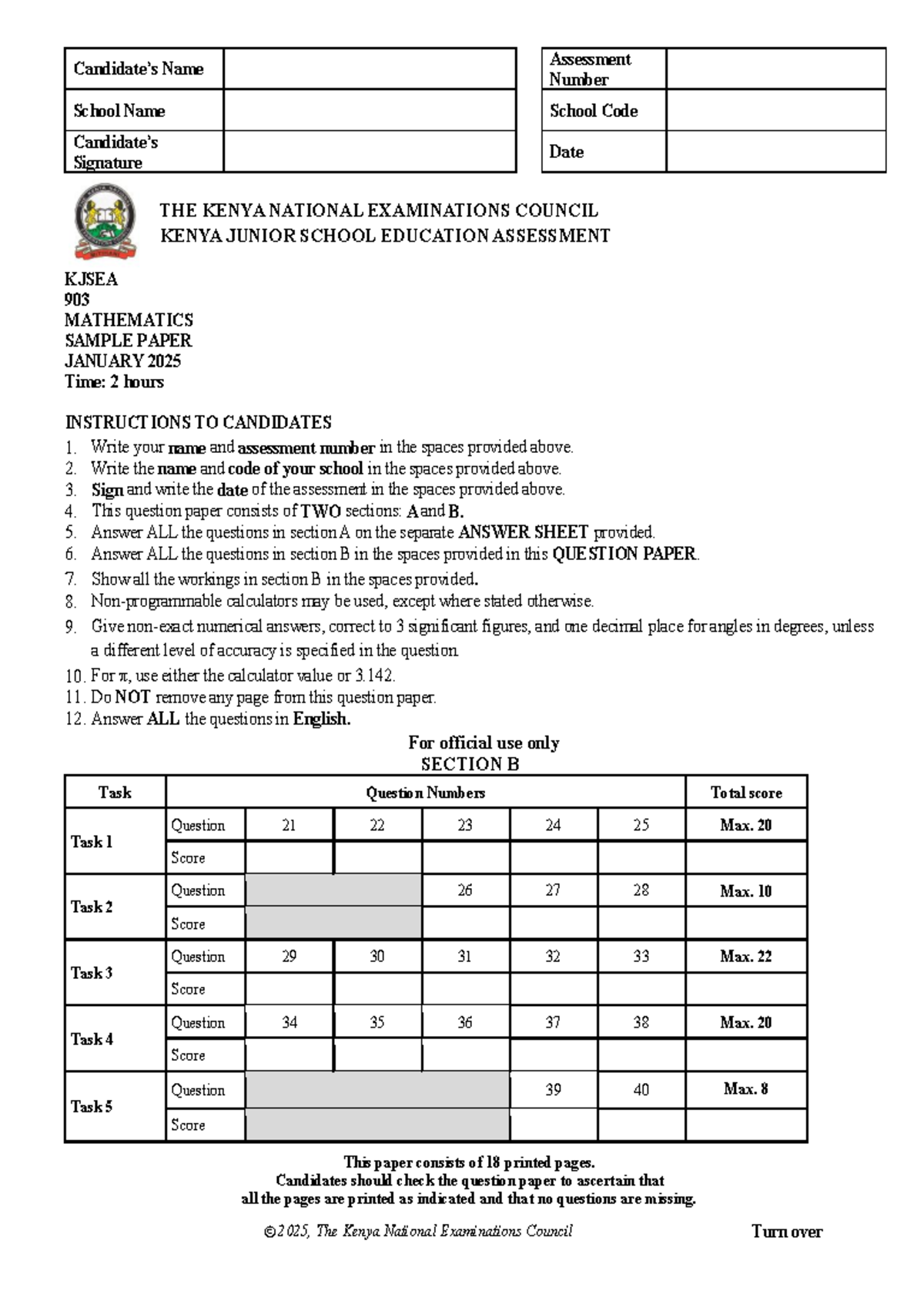 KJSEA 903 Mathematics Sample Paper - January 2025 - Studocu