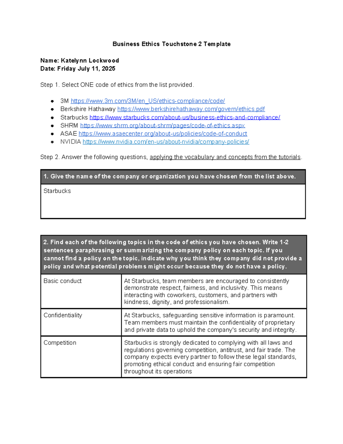 Business Ethics Touchstone 2: Analyzing Starbucks' Code of Ethics - Studocu