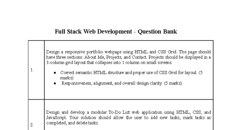 Full Stack Web Development Question Bank: HTML, CSS, JS Projects - Studocu