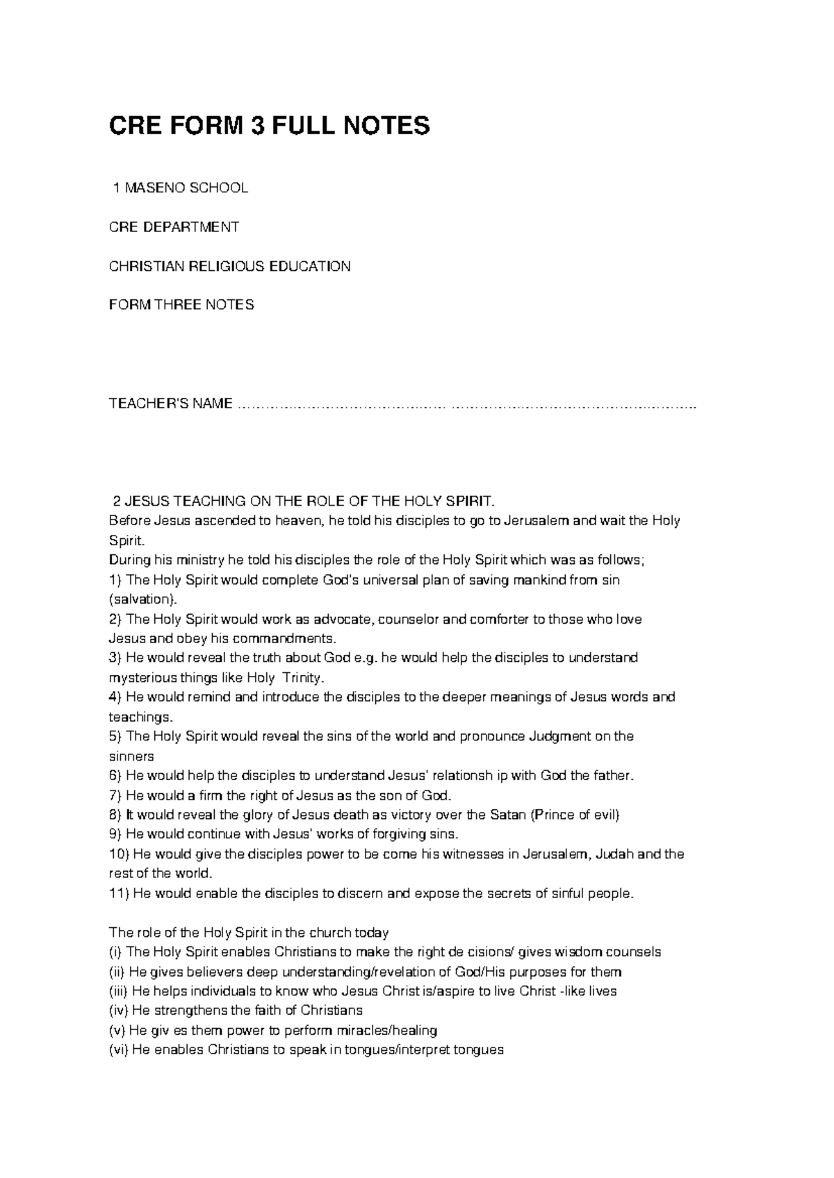 CRE FORM 3 FULL NOTES: THE ROLE OF THE HOLY SPIRIT AND PENTECOST - Studocu