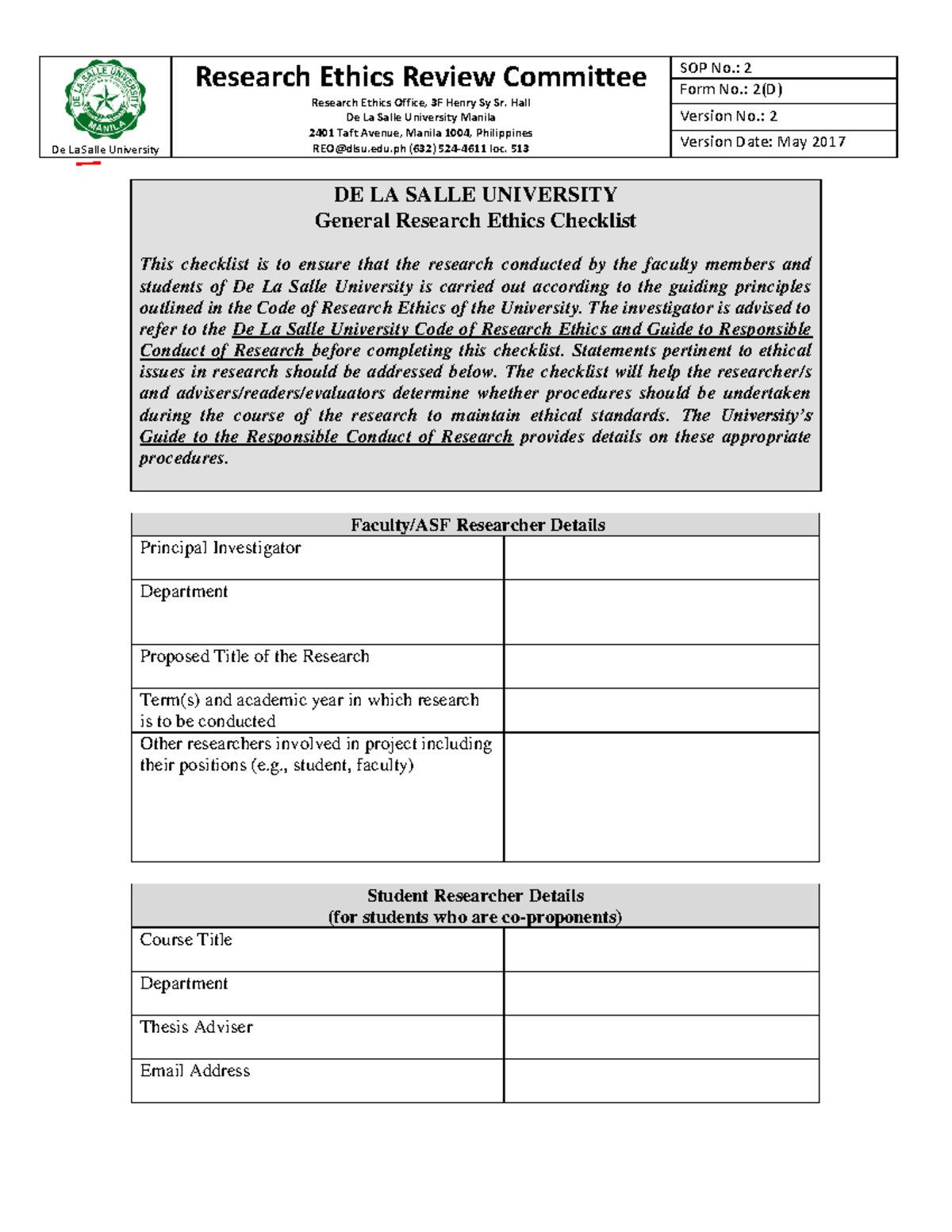 DLSU Research Ethics Checklist for Thesis Projects - Form No. 2(D) - Studocu