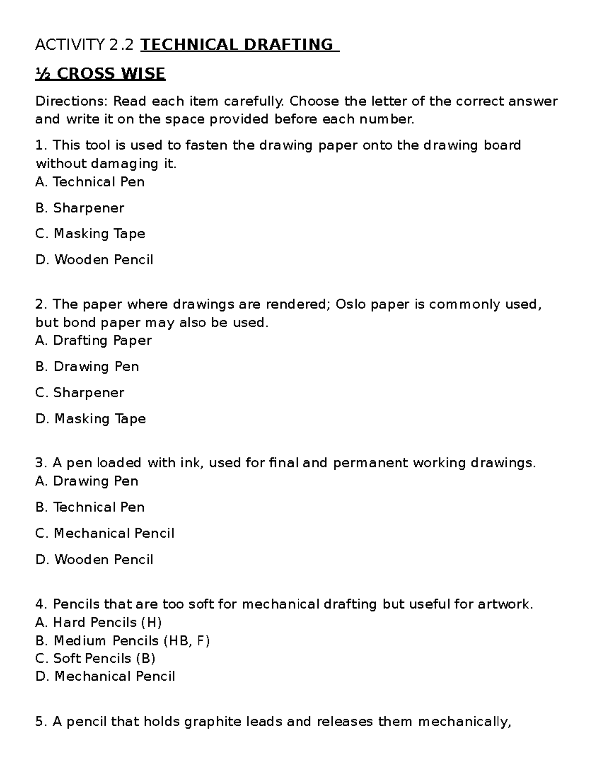 Activity 2.2 Technical Drafting Quiz - TLE 9 - Studocu
