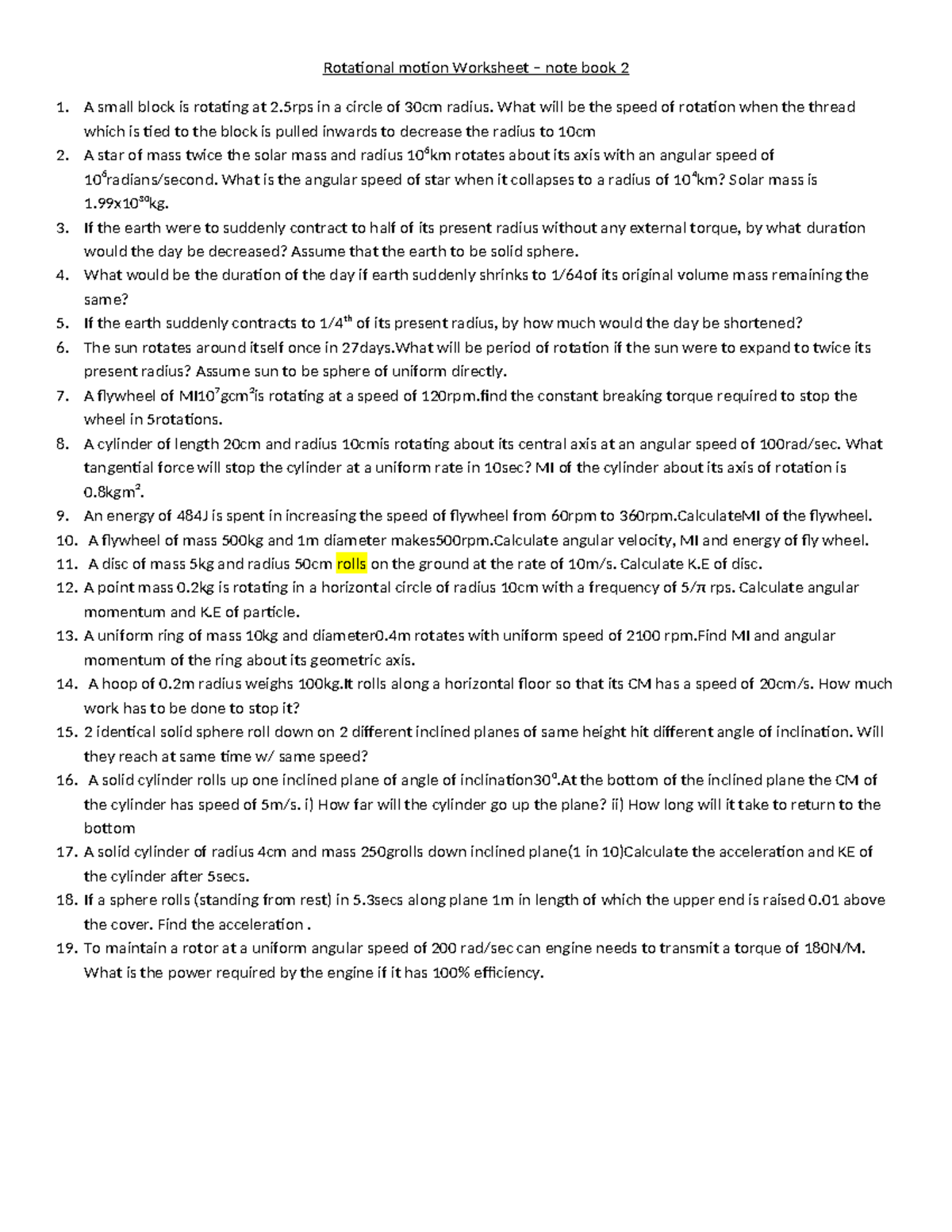 Rotational Motion Worksheet Qs - Notebook 2 - Studocu