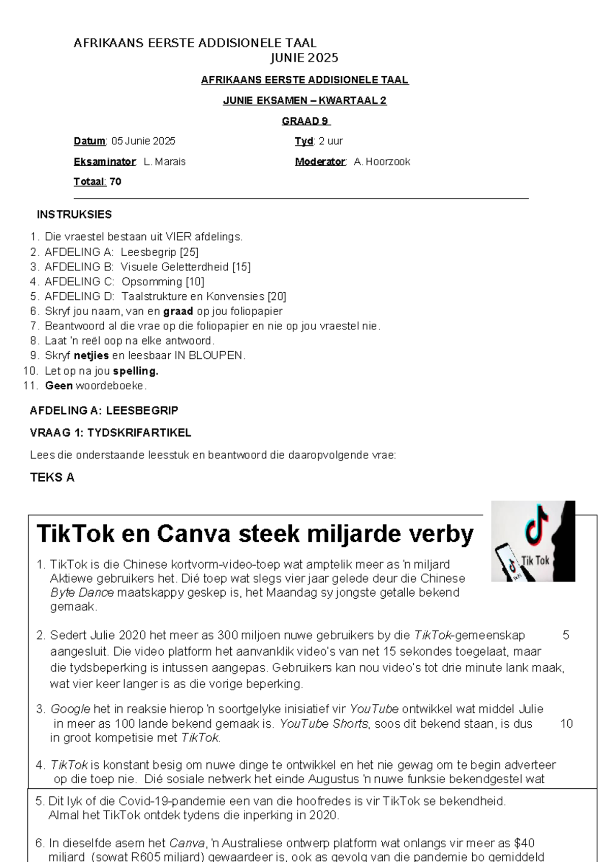 AFRIKAANS EERSTE ADDISIONELE TAAL JUNIE 2025 GRAAD 9 KWARTAAL 2 VRAESTEL - Studocu