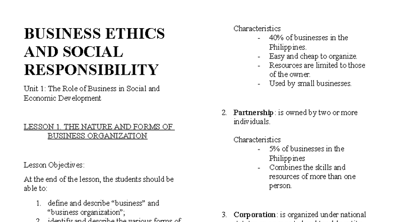BUSINESS ETHICS AND SOCIAL RESPONSIBILITY (Unit 1) - Lesson 1 Overview ...