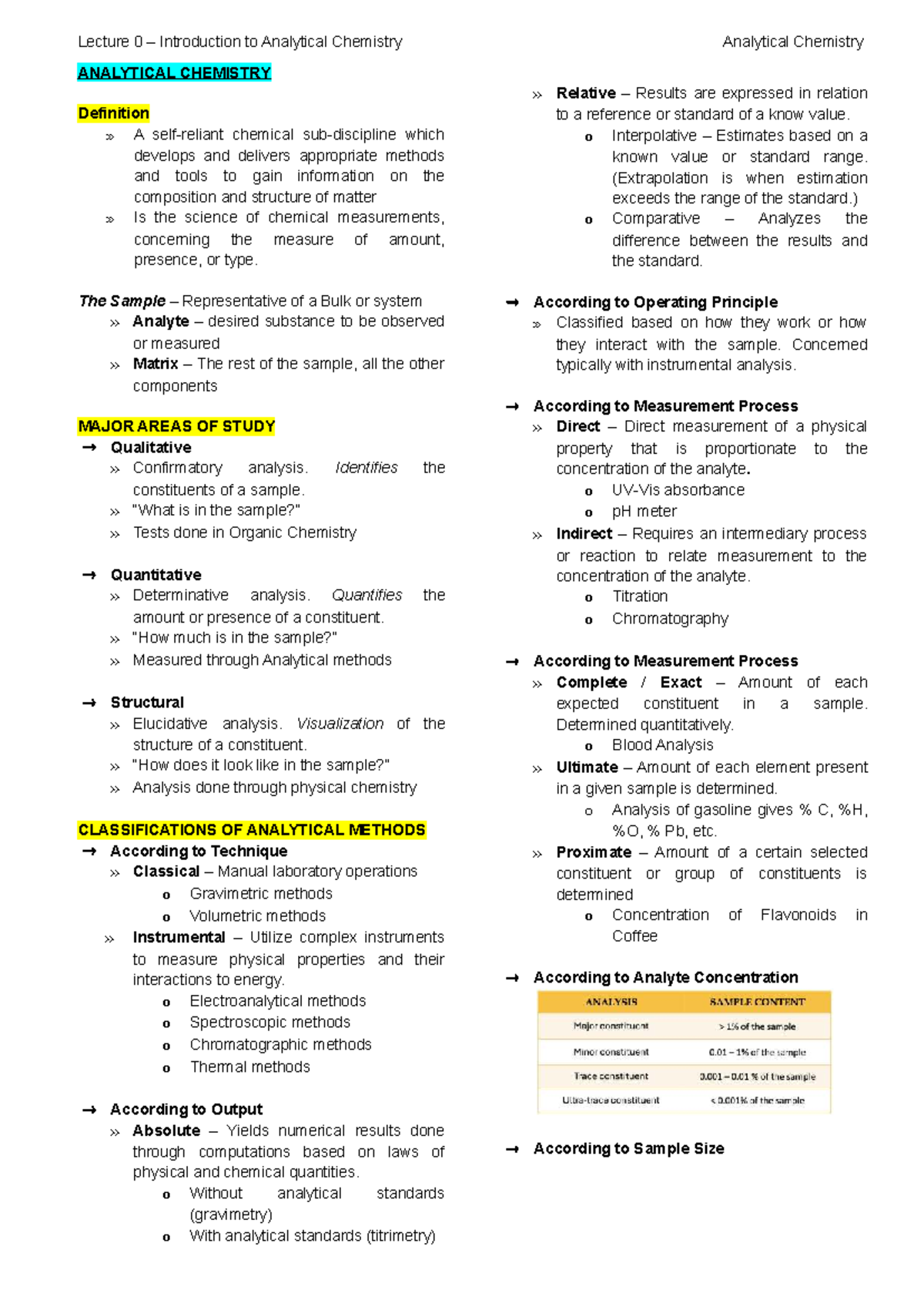 Lecture 0: Intro to Analytical Chemistry Concepts and Methods - Studocu