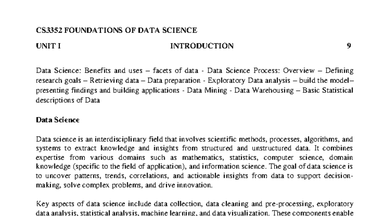 CS3352 FOUNDATIONS OF DATA SCIENCE UNIT I: INTRODUCTION TO DATA SCIENCE ...