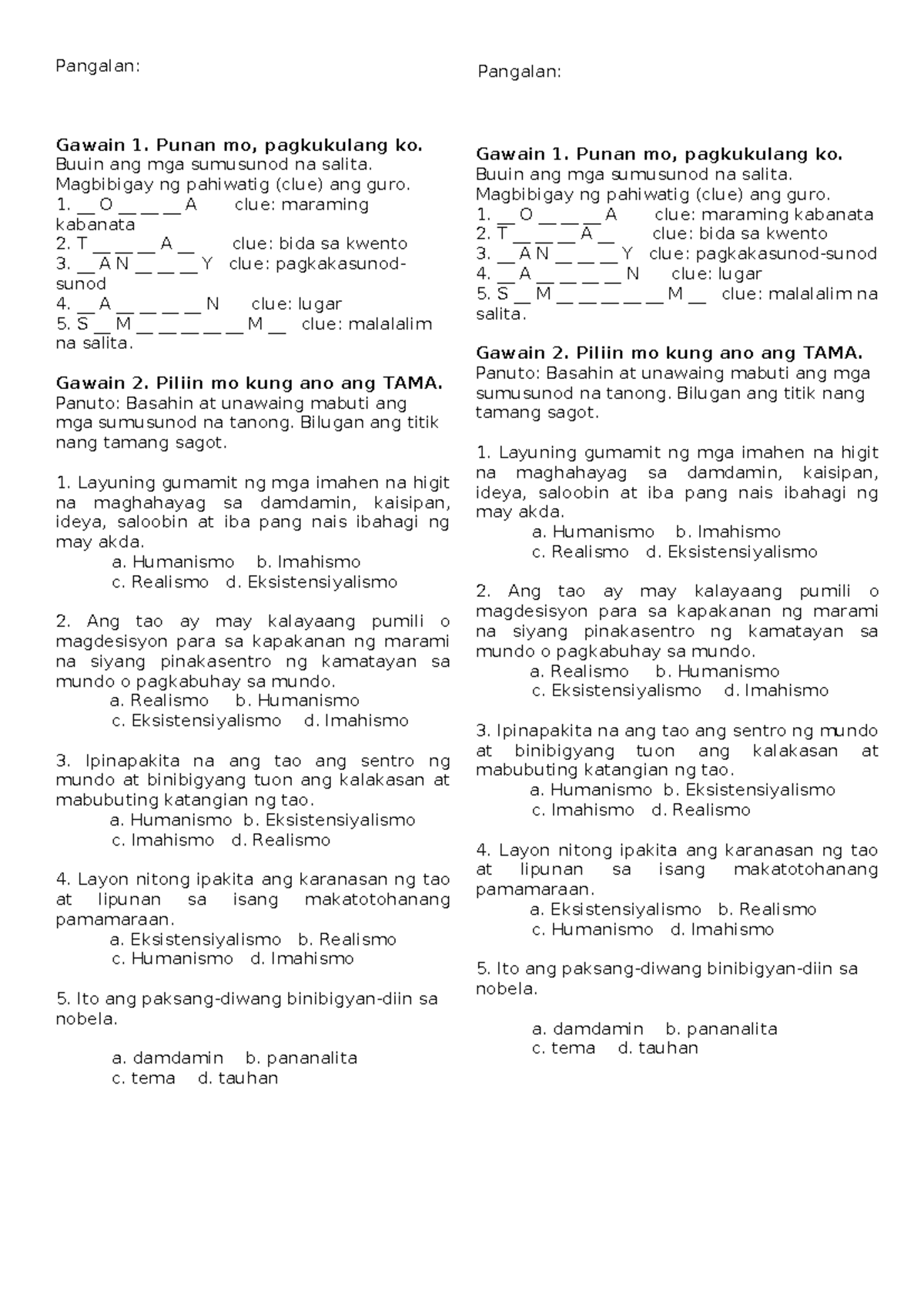 ACTIVITY SHEETS: Nobela Questions for Learning Enhancements - Studocu