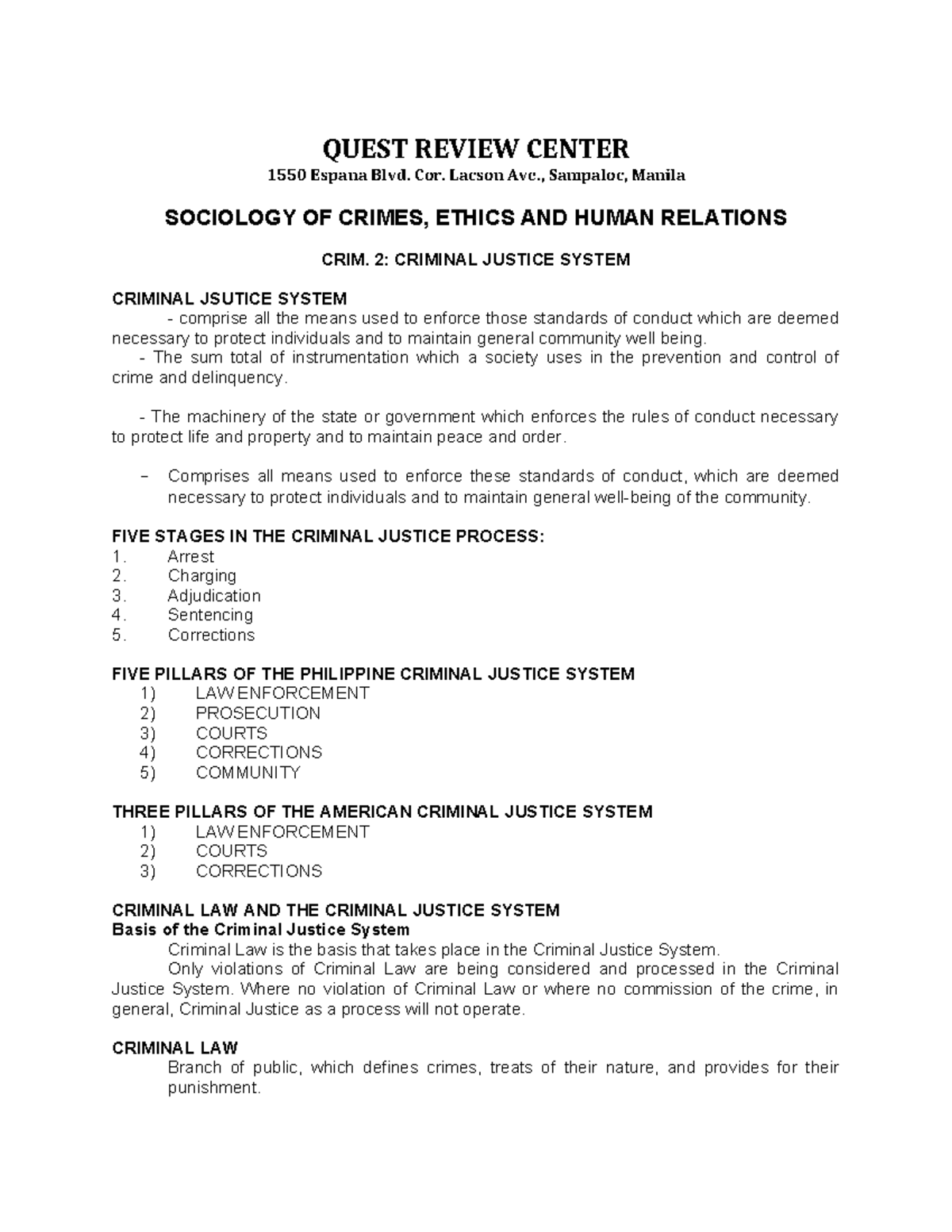 (CRIM. 2) Overview of the Criminal Justice System and Processes - Studocu