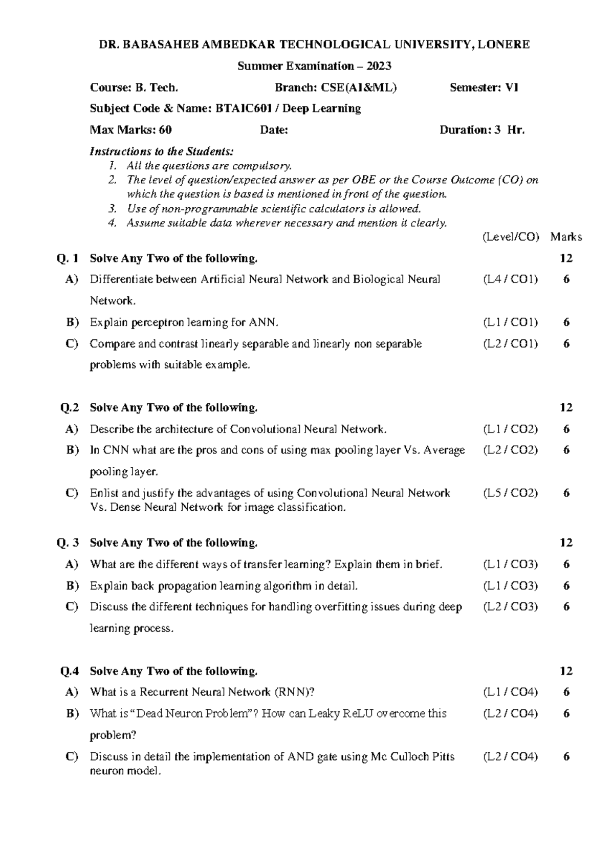 BTAIC601 Deep Learning - Summer Exam 2023 Questions & Solutions - Studocu