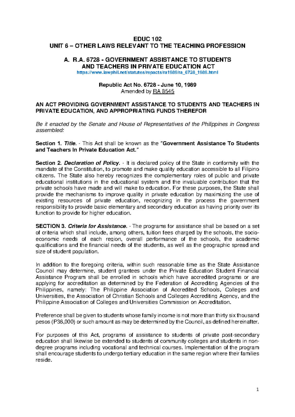 EDUC 102 UNIT 6 - Laws Pertaining to Teaching Assistance Programs - Studocu