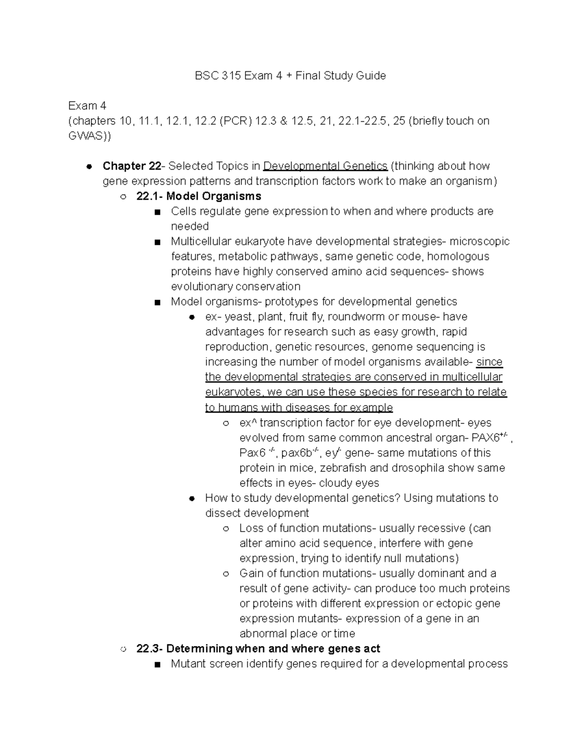 BSC 315 Exam 4 Final Study Guide: Developmental Genetics & DNA ...