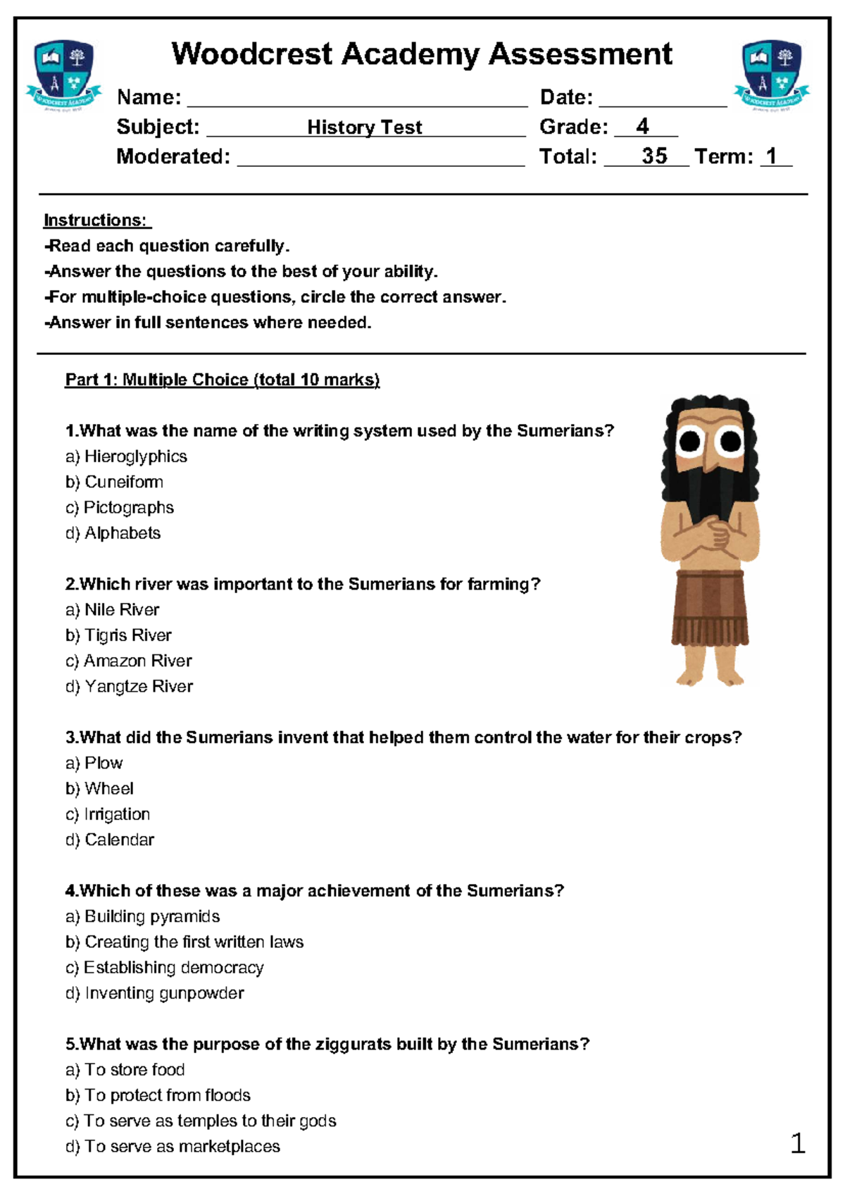Ancient Sumeria History Test Grade 4 - Term 1 Assessment - Studocu
