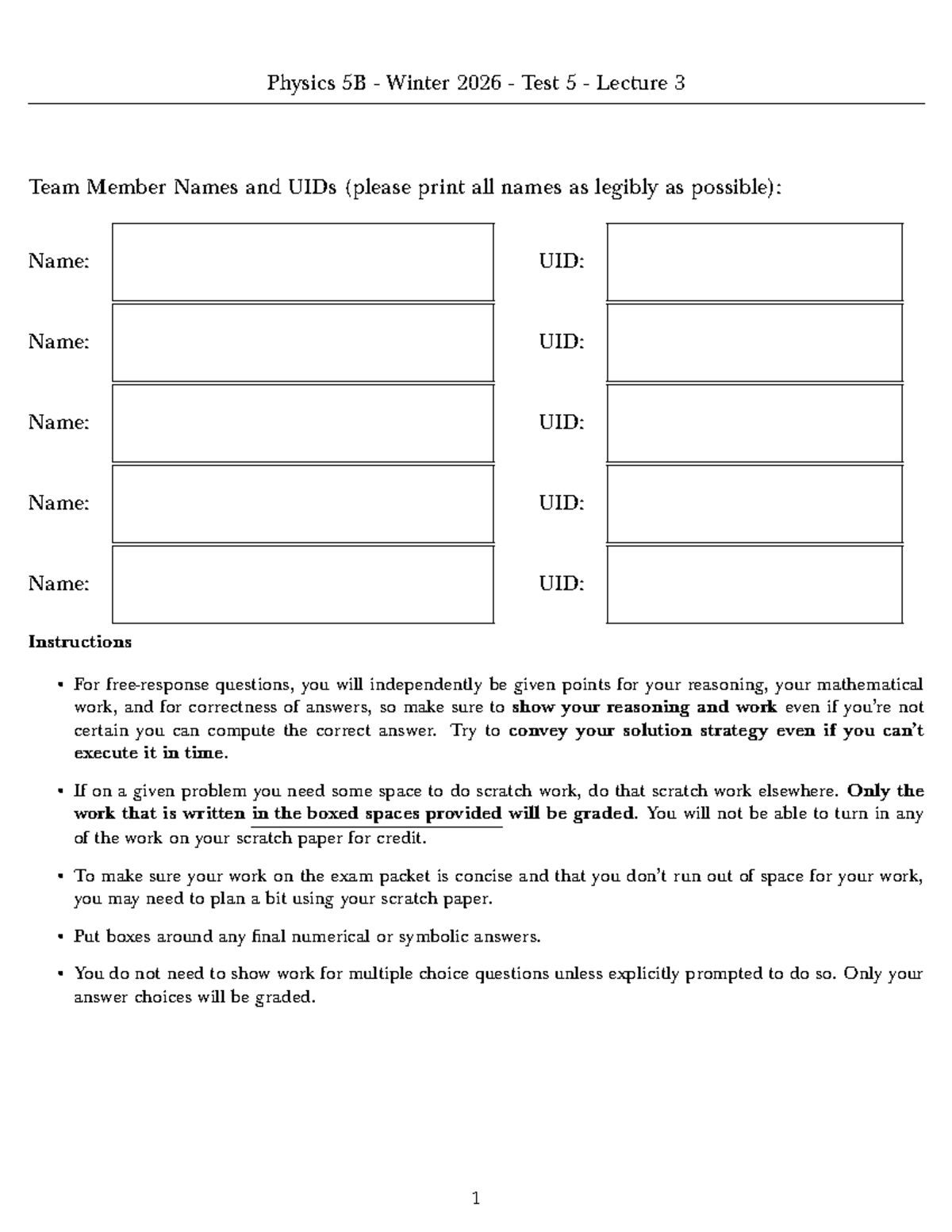 Physics 5B Winter 2026 Test 5 Lecture 3: Team Member Names & UIDs - Studocu