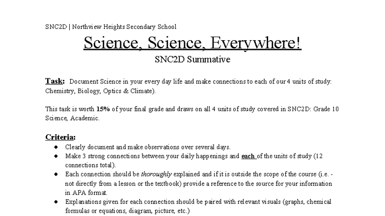 SNC2D Summative Task: Documenting Science in Daily Life - Studocu
