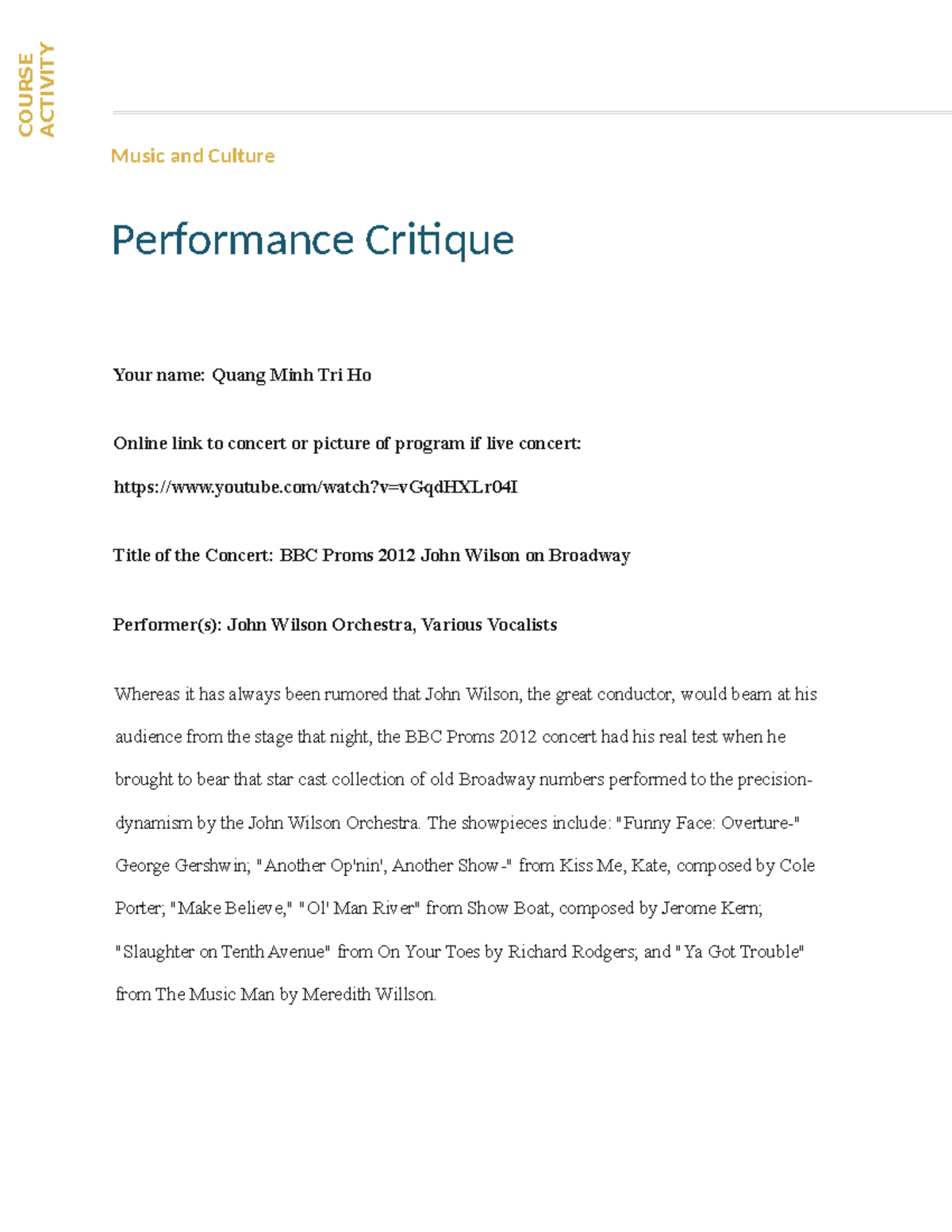 MUS 101: Performance Critique of BBC Proms 2012 Concert - Studocu