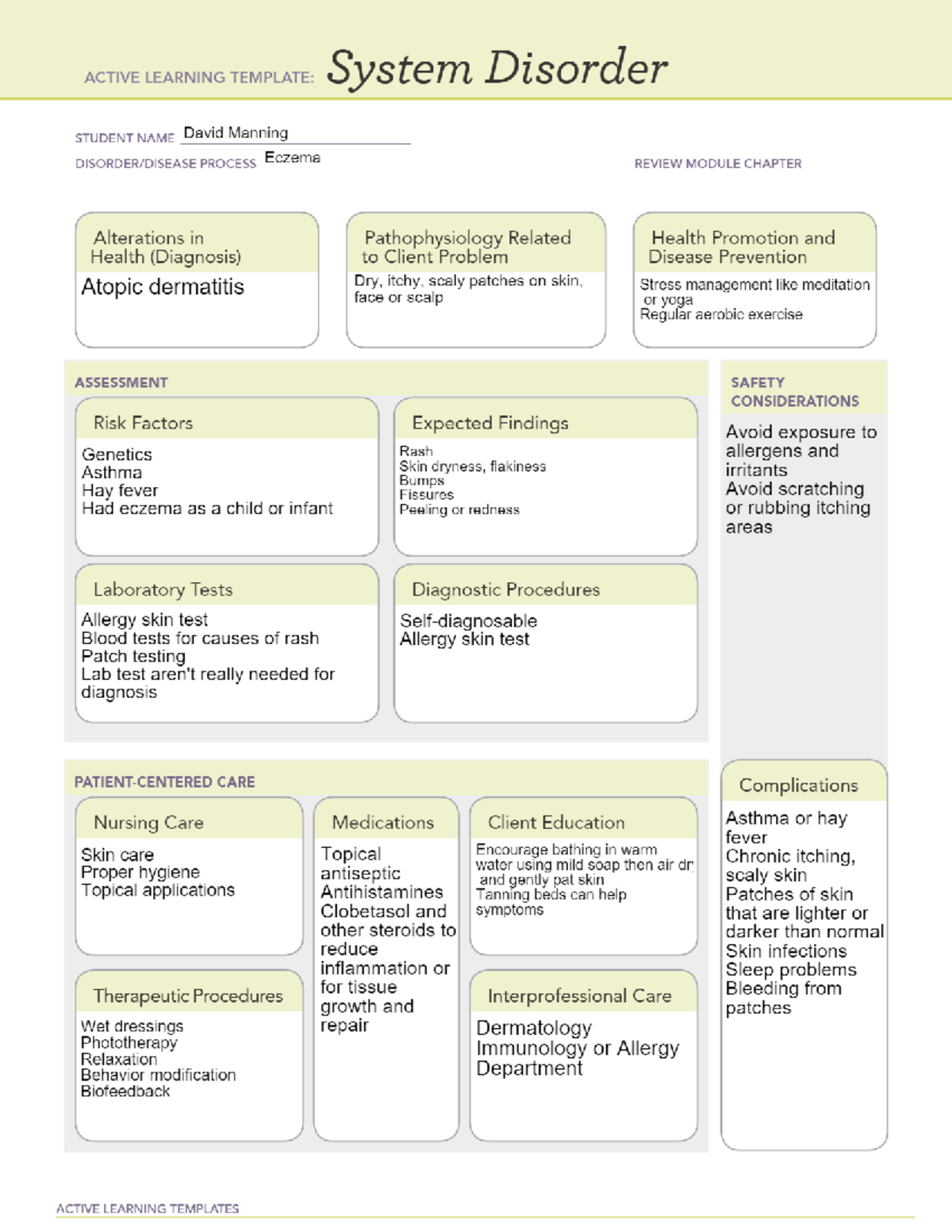 Eczema (System Disorder) - Active Learning Template Review Notes - Studocu