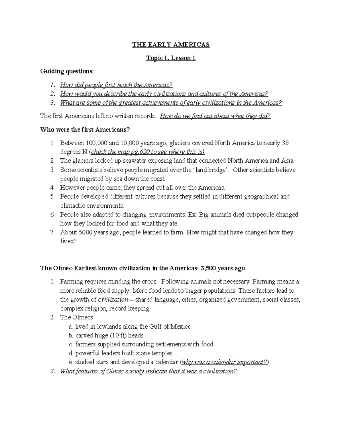 The early Americas: Topic 1, Lesson 1 guiding questions and insights ...