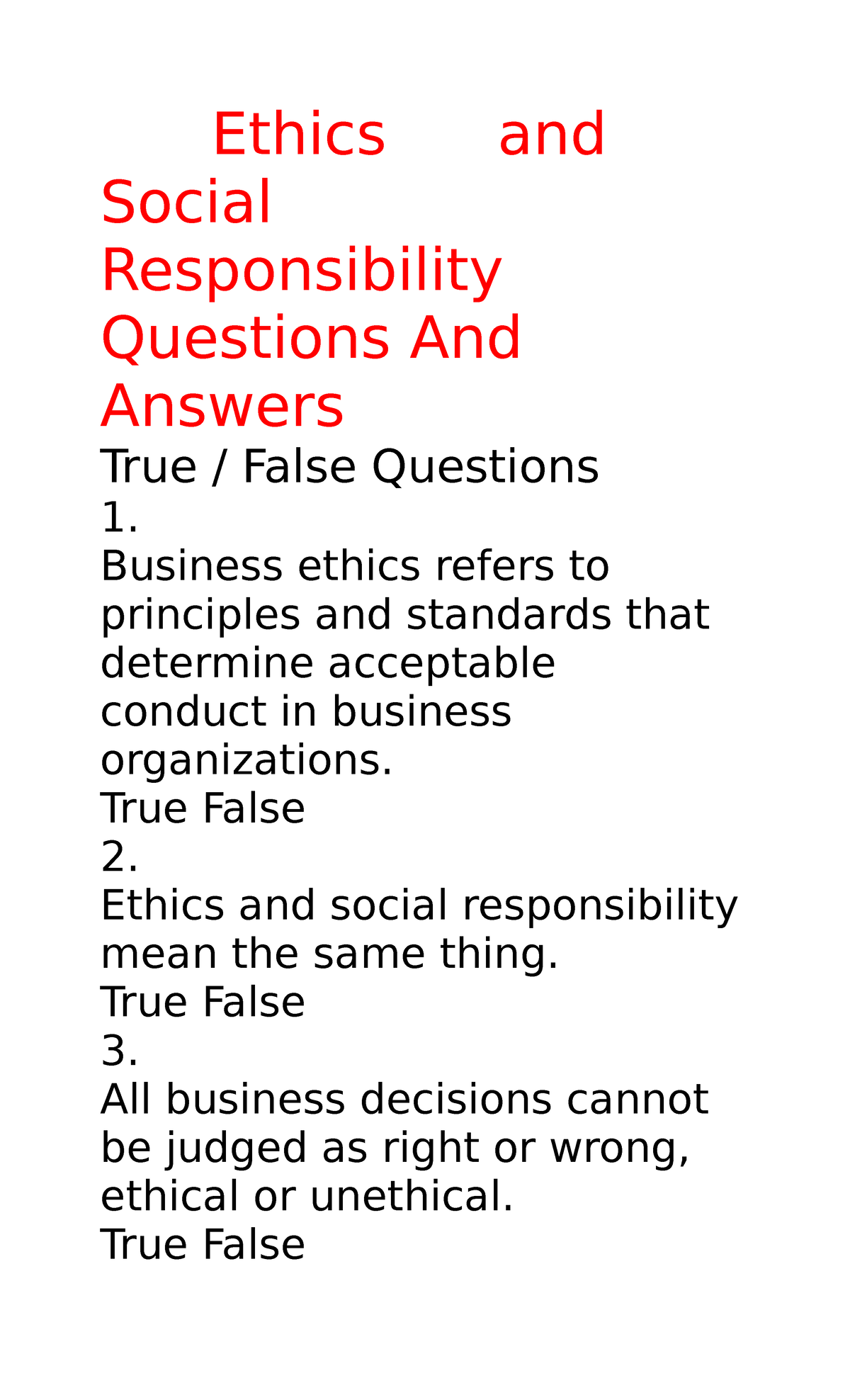 Ethics and Social Responsibility Q&A for BU101 Midterm Exam - Studocu
