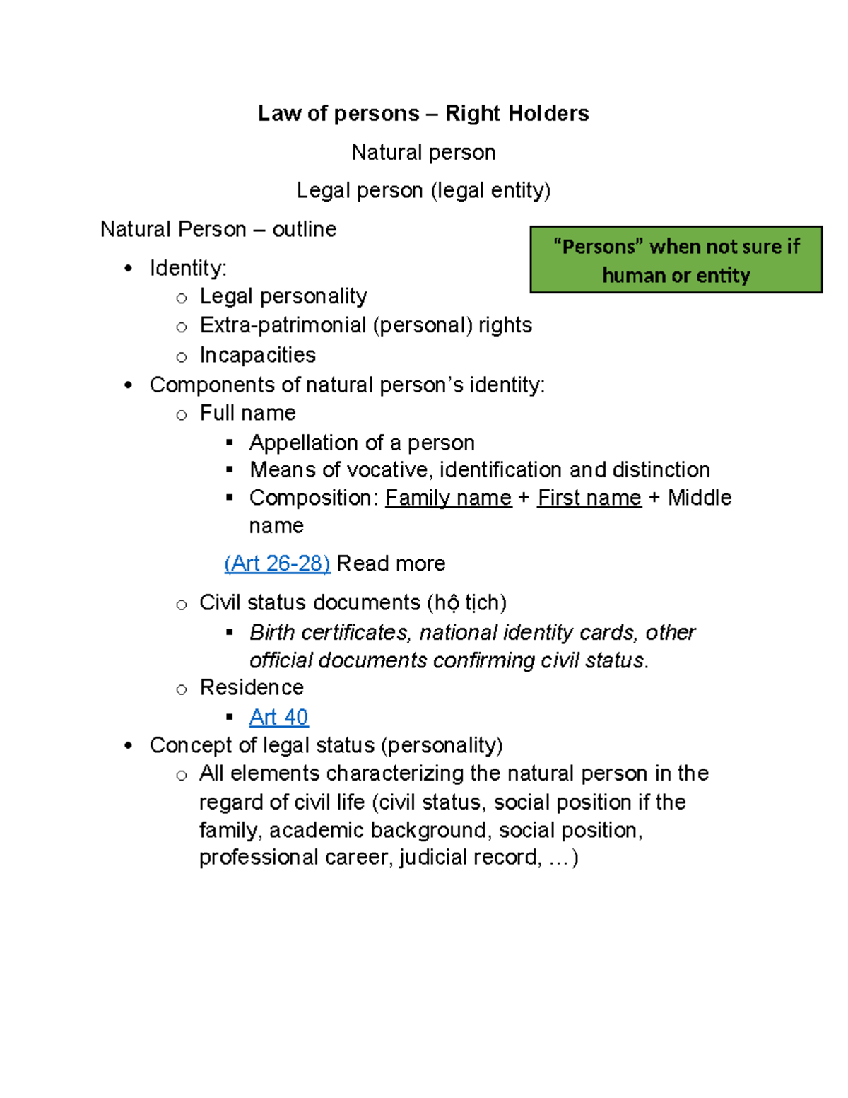Civil Law - Legal Persons - Law of persons – Right Holders Natural ...