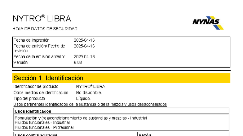 HOJA DE DATOS DE SEGURIDAD MSDS - Aceite Nynas Nytro Libra 6.08 - Studocu