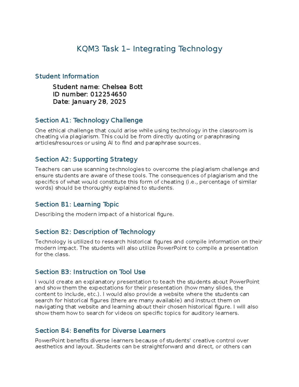 KQM3 Task 1 - Passed D173 Task 1 - KQM3 Task 1– Integrating Technology ...