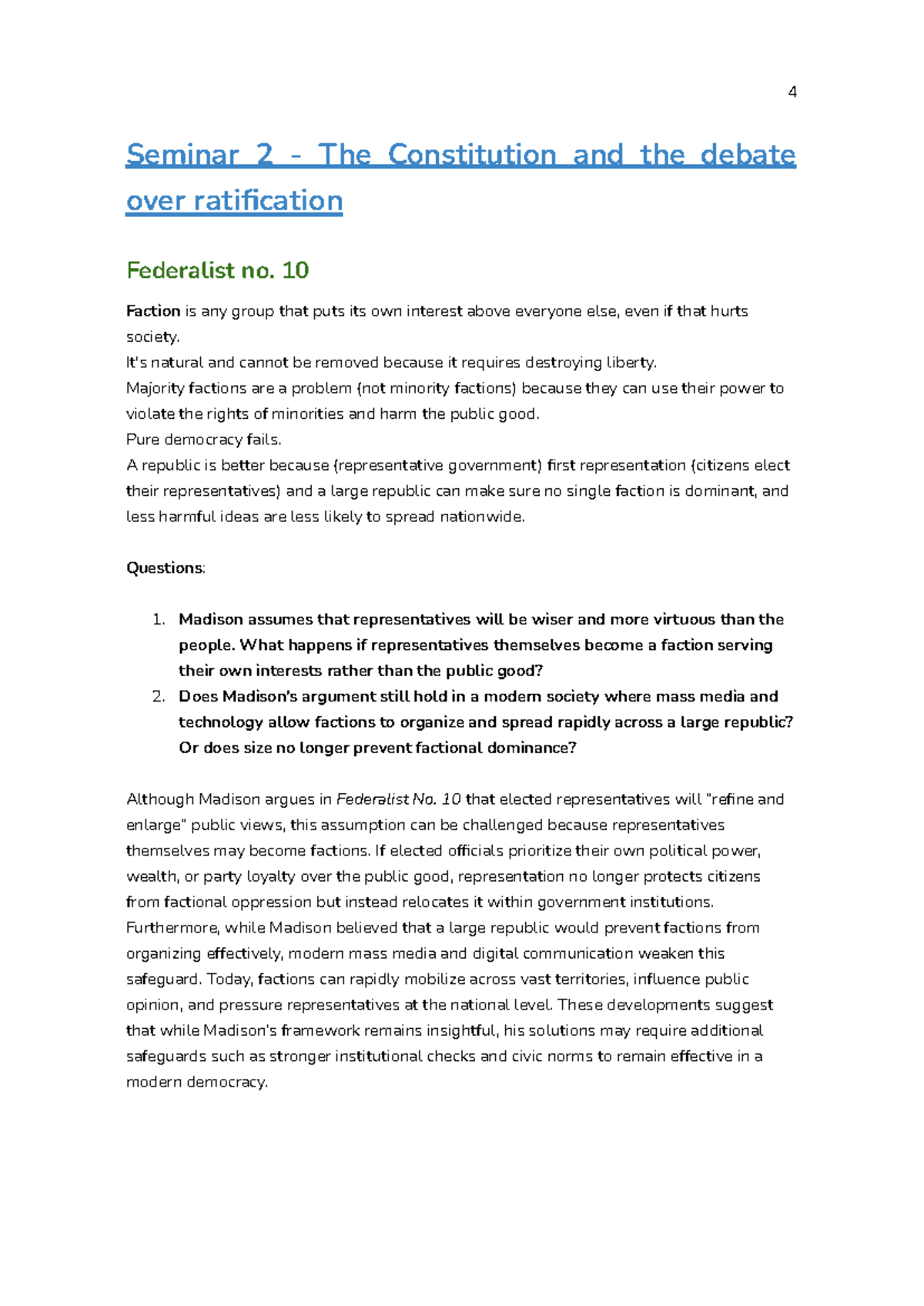 4 Seminar 2: The Constitution & Federalist No. 10 Analysis - Studocu