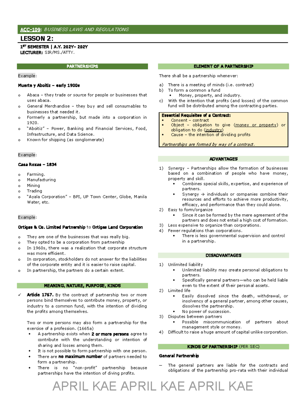 Business Law and Regulations Partnership - ACC LESSON 2:- 109 ...